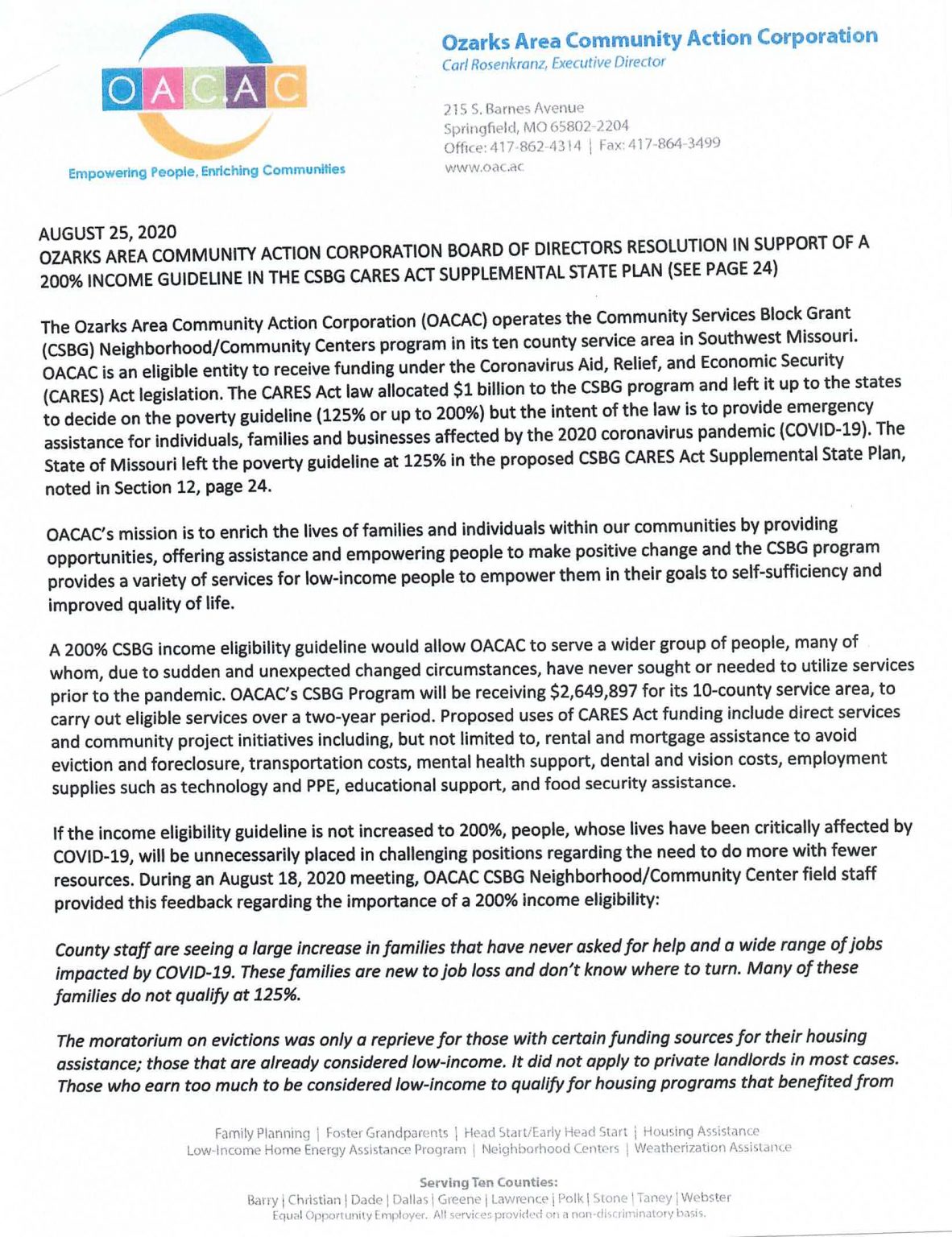 OACAC | OACAC Board Resolution: CARES Act Income Eligibility Guidelines