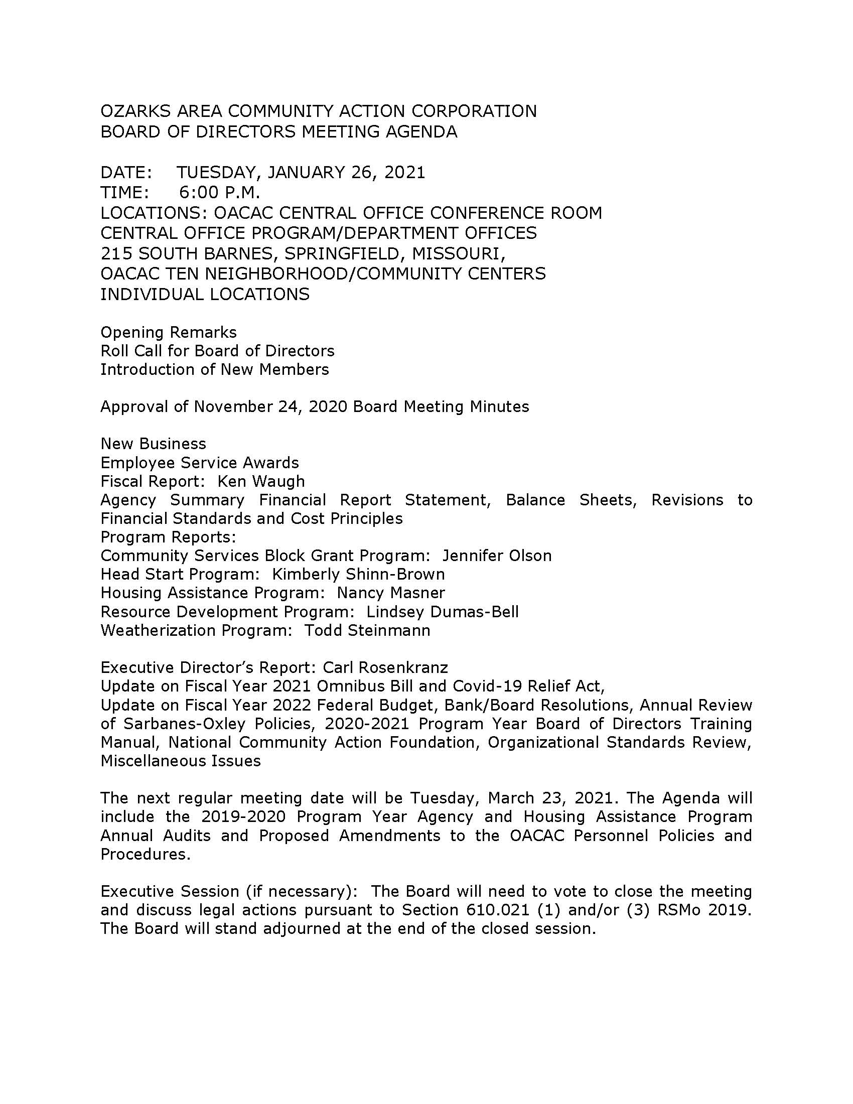Oacac Board Meeting Agenda January 26 2021