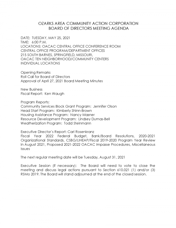 Oacac Board Meeting Agenda May 25 2021
