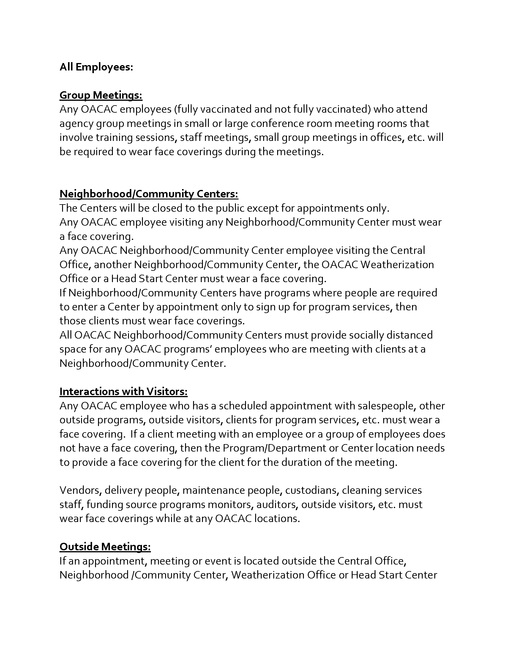 OACAC | Revised Face Covering Policy And Procedures