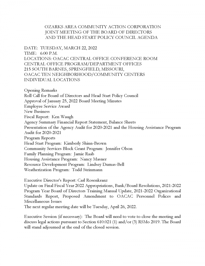 OACAC | Board Meeting Agenda: March 22, 2022