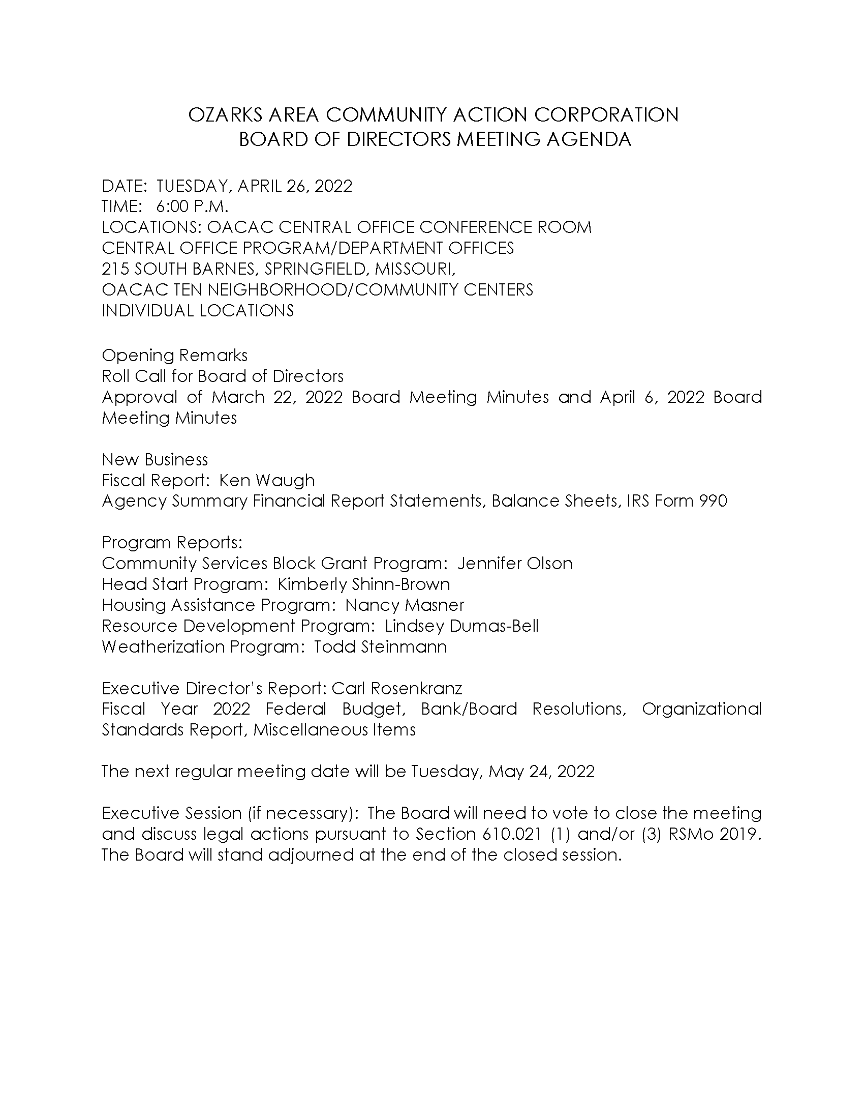 Oacac Board Meeting Agenda April 26 2022