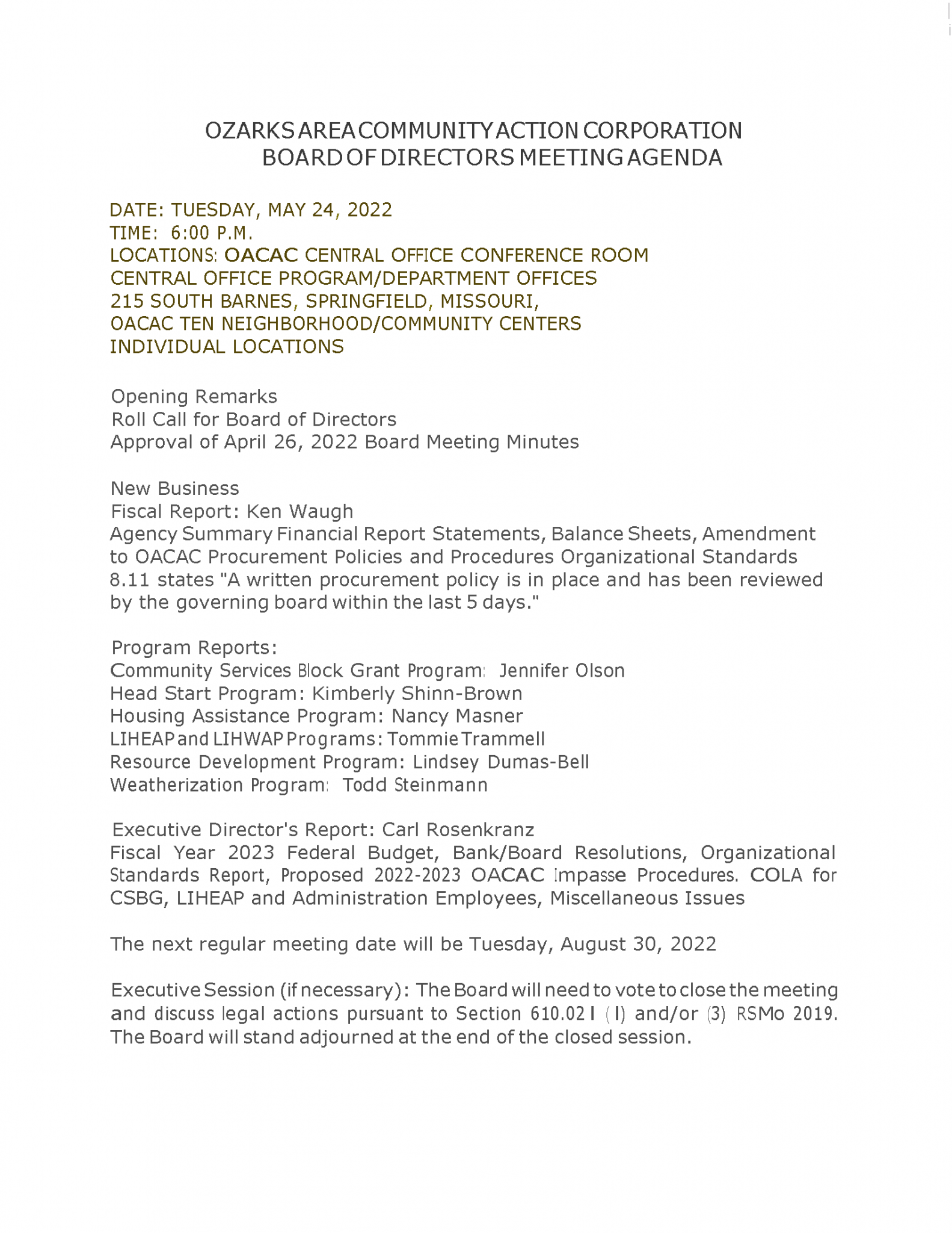 Oacac Board Meeting Agenda May 24 2022