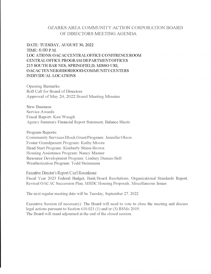 OACAC | Board Meeting Agenda For Aug. 30, 2022