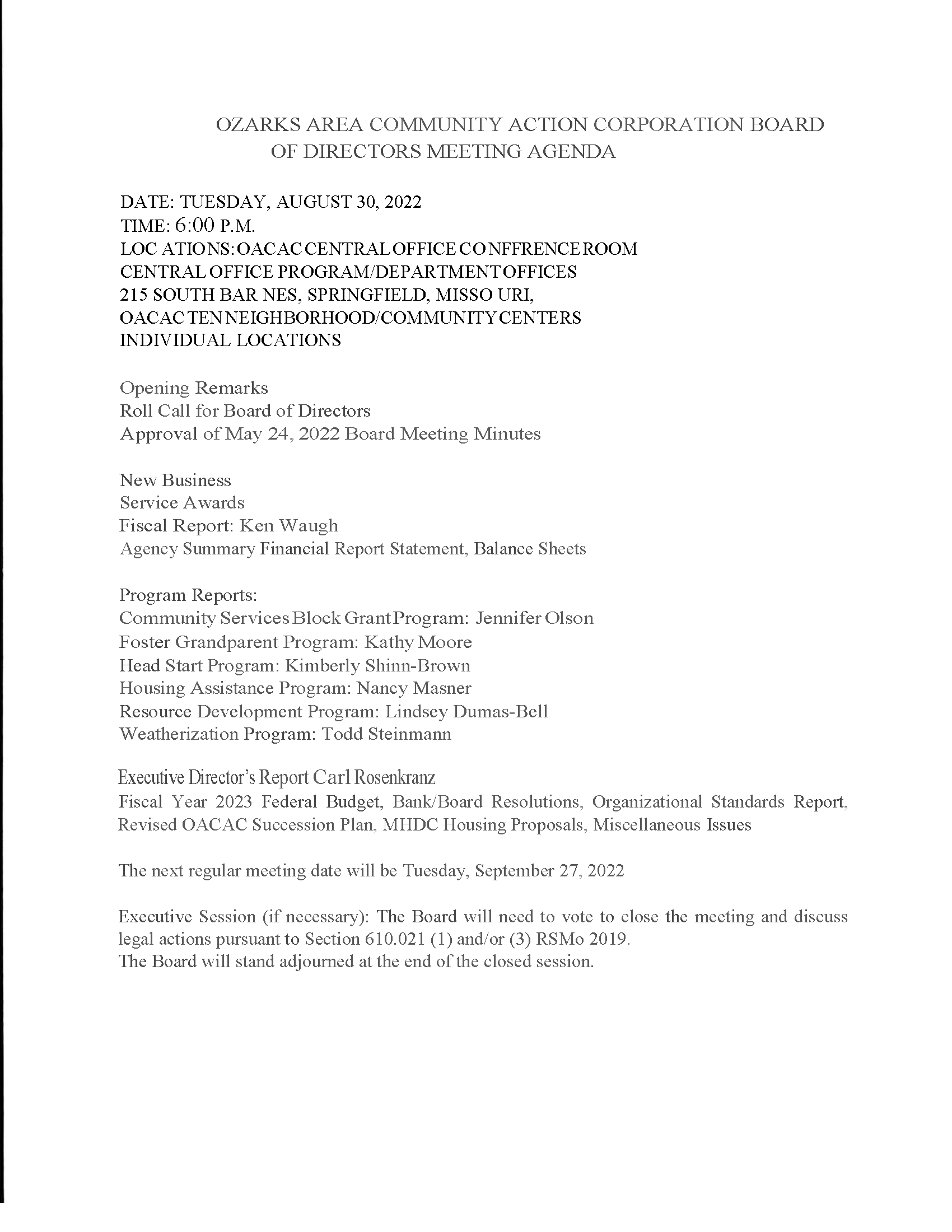 OACAC | Board Meeting Agenda For Aug. 30, 2022