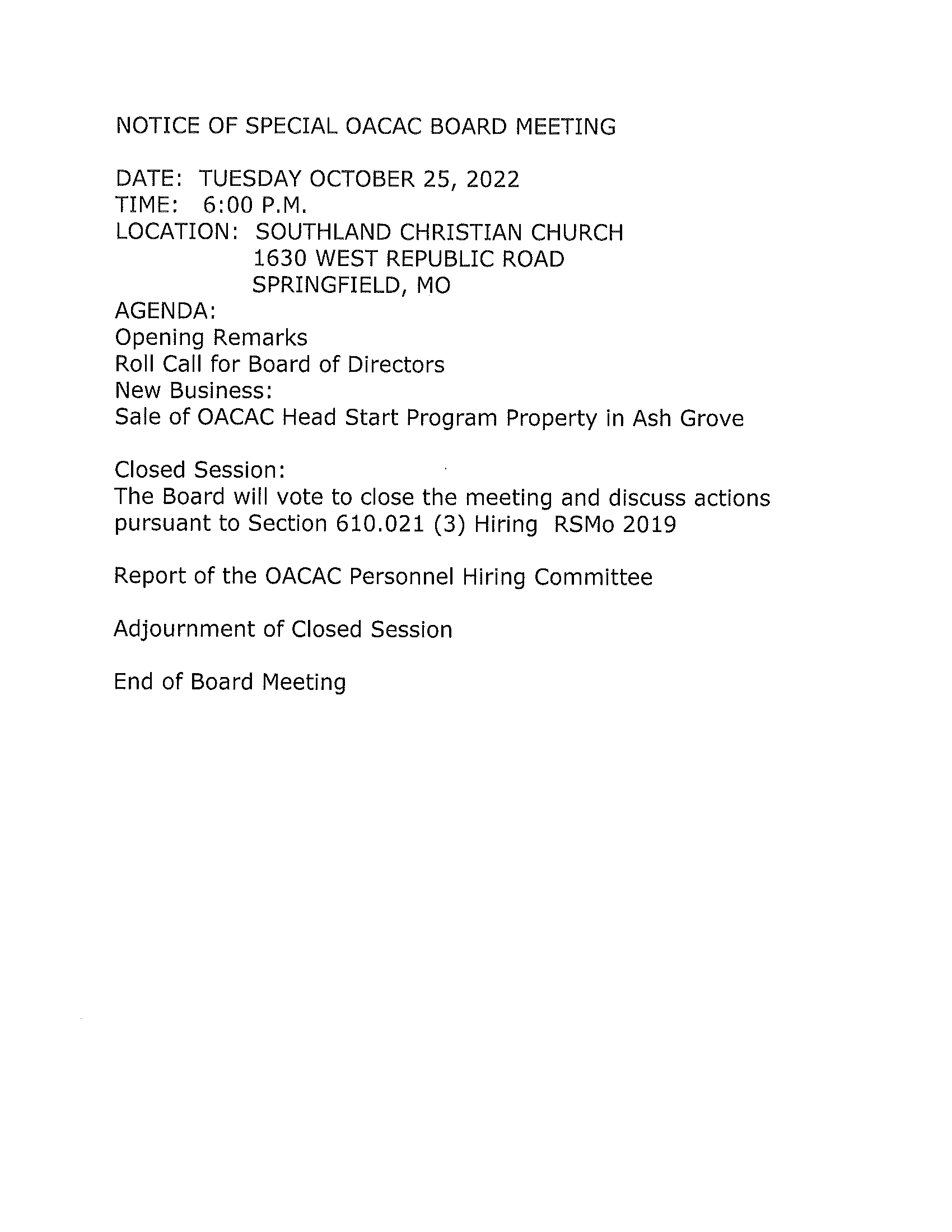 Oacac Special Board Meeting 10 25 22