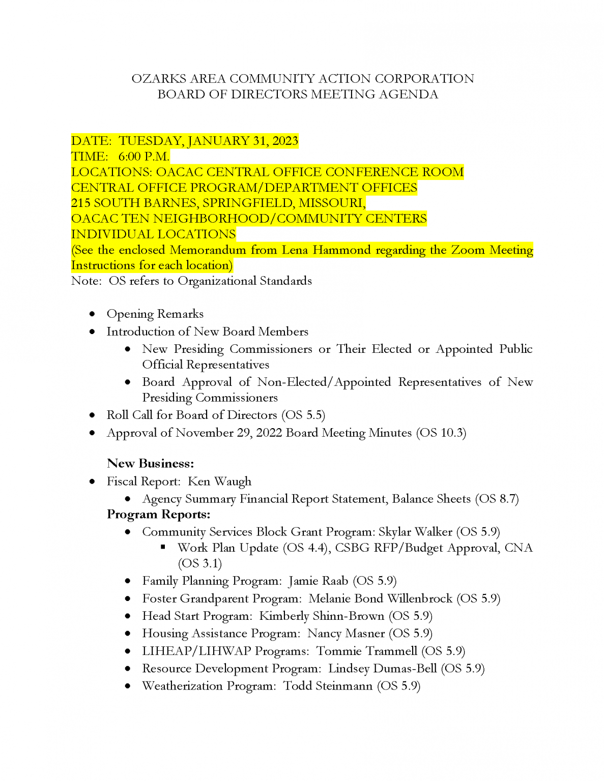 OACAC | Board Meeting Agenda For 1/31/23